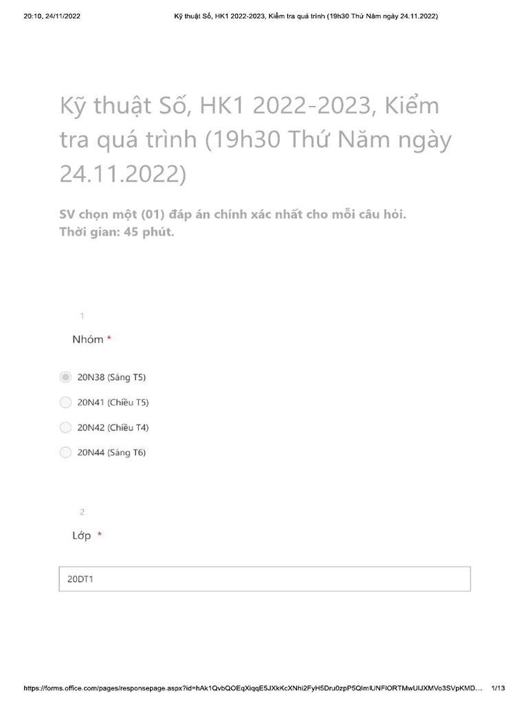 Kỹ thuật Số, HK1 2022-2023, Kiểm tra quá trình (19h30 Thứ Năm ngày 24.11.2022) | PDF