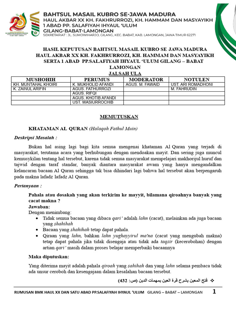 Hasil Bmk Haul Akbar + Satu Abad Pp . Ihyaul Ulum-1 | PDF