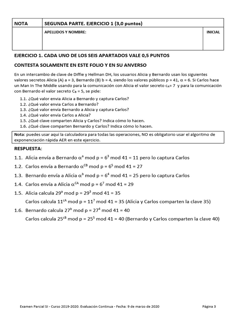 Ejercicios Diffie y Herman | PDF | Clave (criptografía) | Criptografía de clave pública