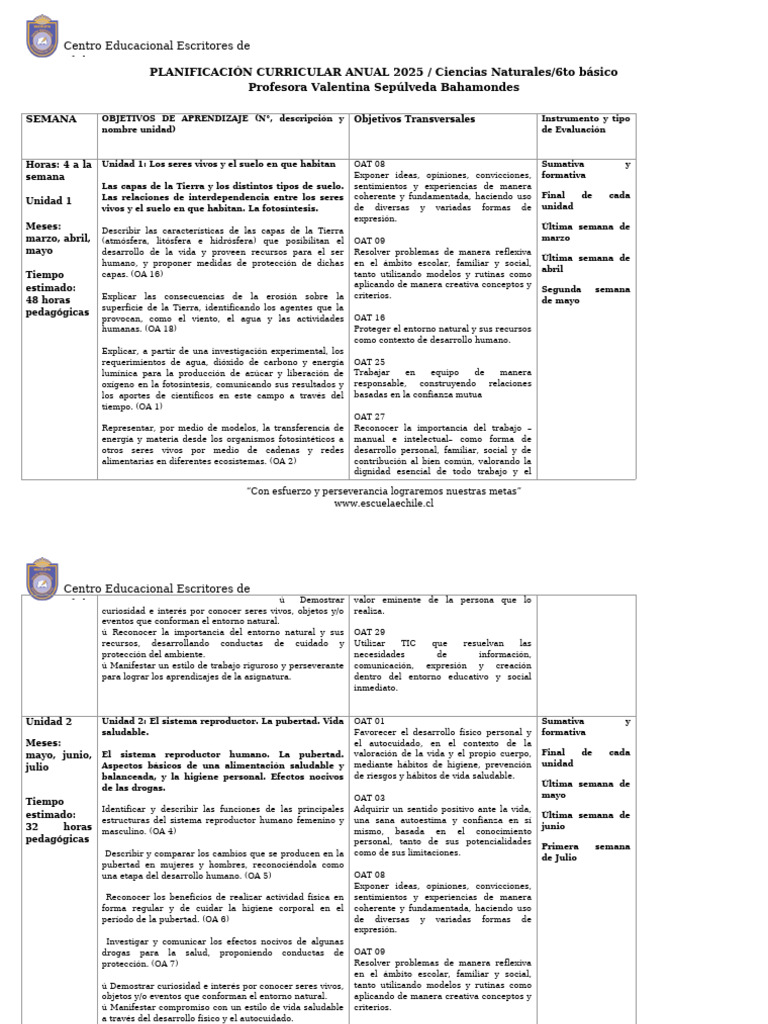 Planificación Anual 6to básico Ciencias Naturales | PDF | Calor ...