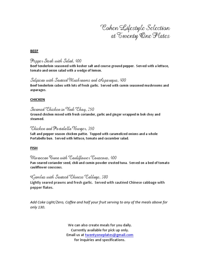 Cohen Diet Menu at Twenty One Plates | PDF
