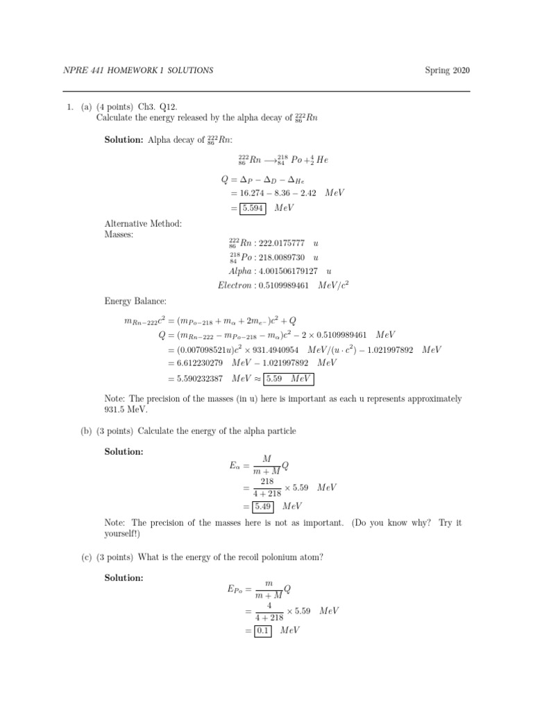 NPRE 441 Homework 1 Solutions | PDF | Electronvolt | Radioactive Decay