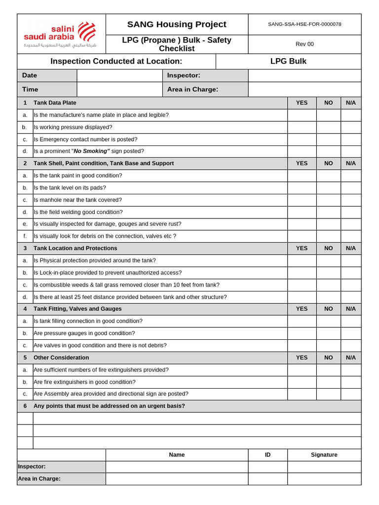 SANG-SSA-HSE-FOR-000078 Rev 00 - LPG (Bulk) - Safety Checklist | PDF