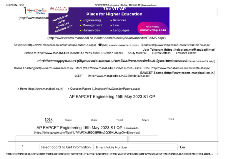 AP EAPCET Engineering 15th May 2023 S1 QP _ Manabadi.com | PDF | Student Assessment And ...
