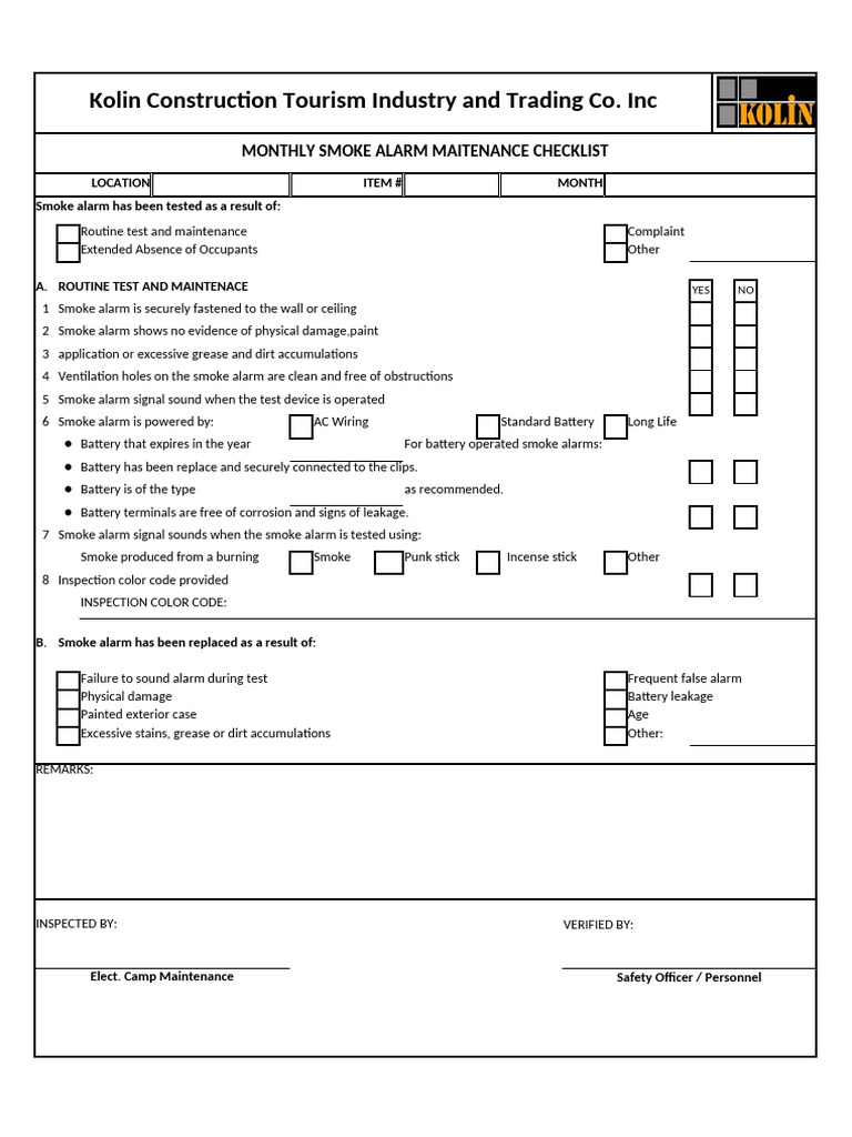 Smoke Alarm Maintenance Checklist (Monthly) | PDF