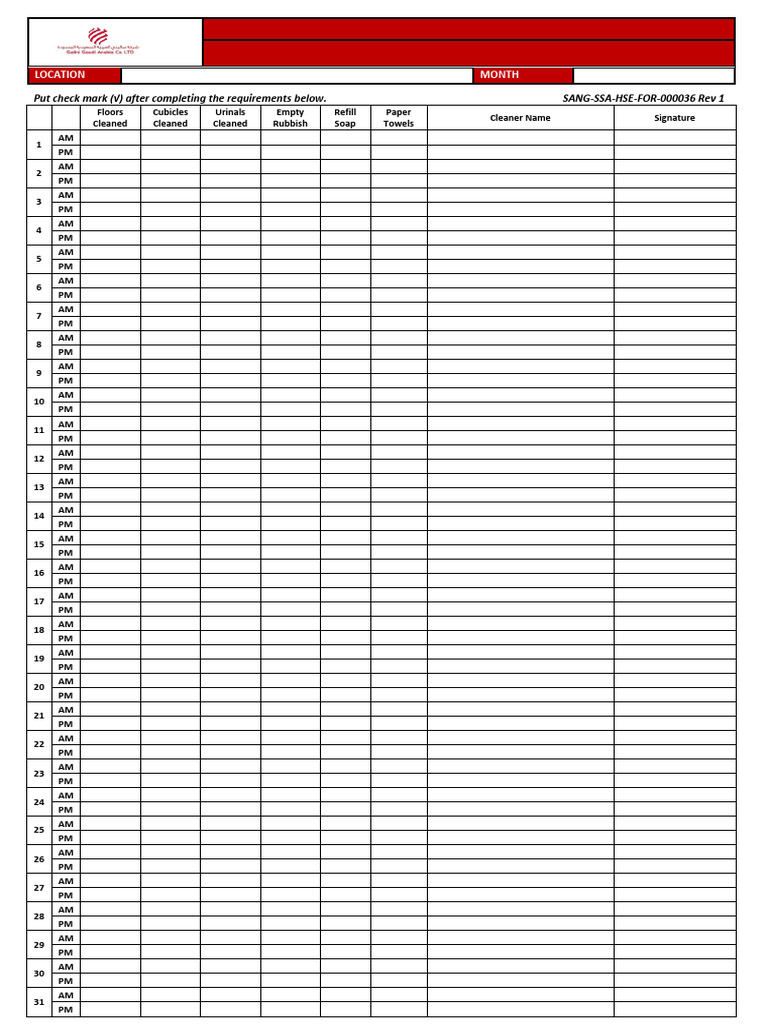 Daily Toilet Cleaning Checklist | PDF