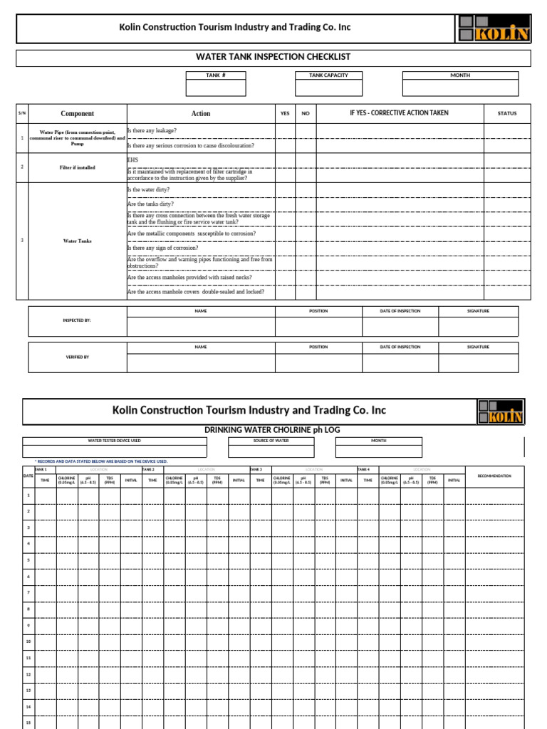 Water Tank Checklist - Monitoring - Shcedule | PDF | Water | Water Supply