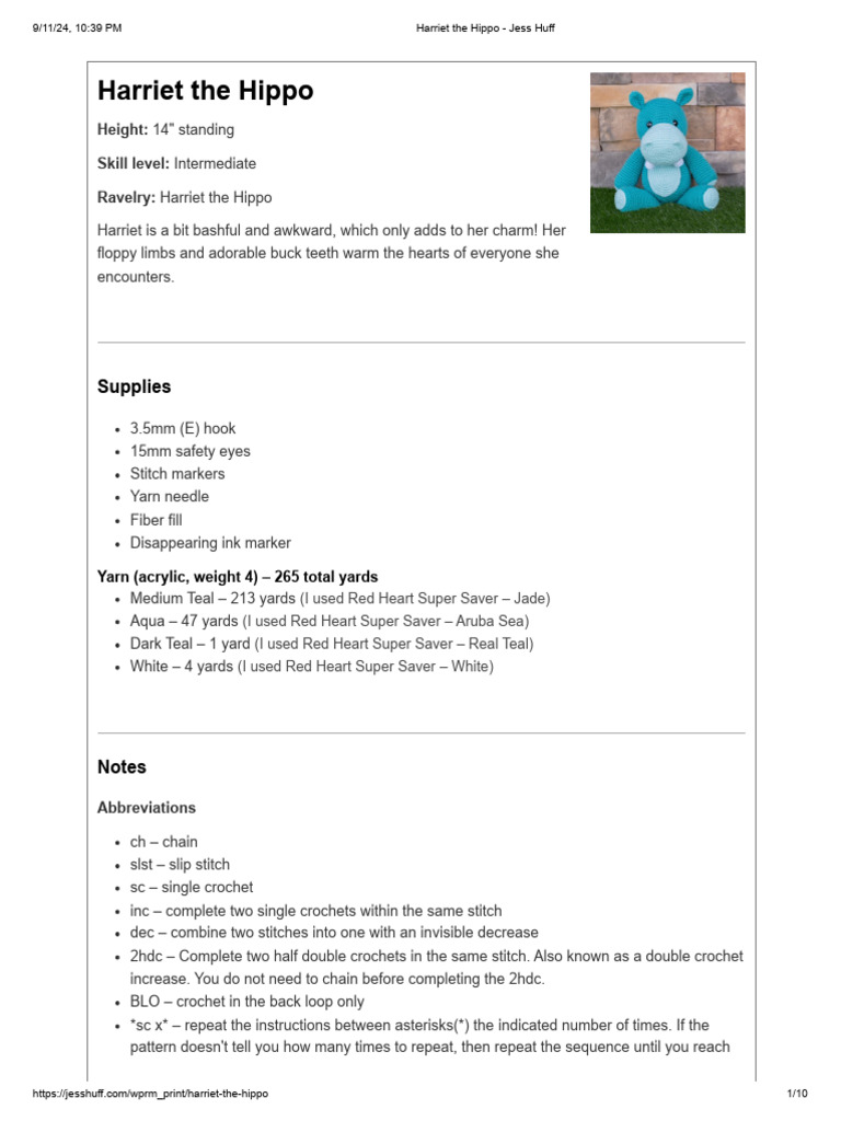 Crochet Harriet the Hippo | PDF | Crochet | Crafts