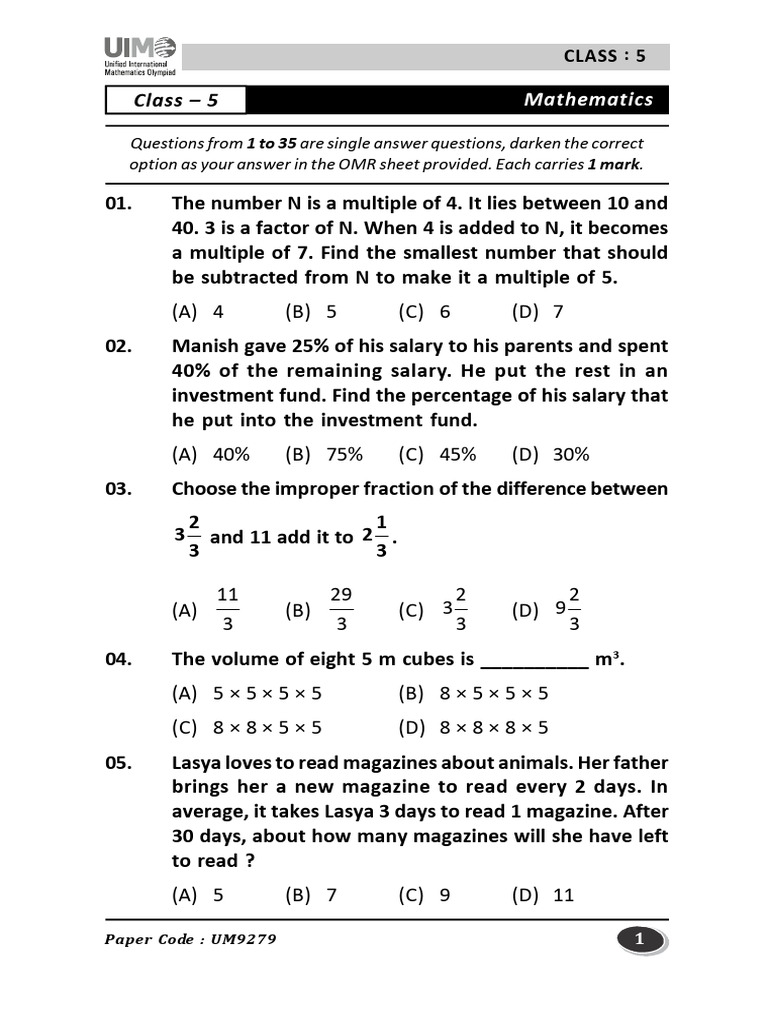 Class-5 Uimo 2023-24 Paper Um9279 | PDF | Numbers | Volume