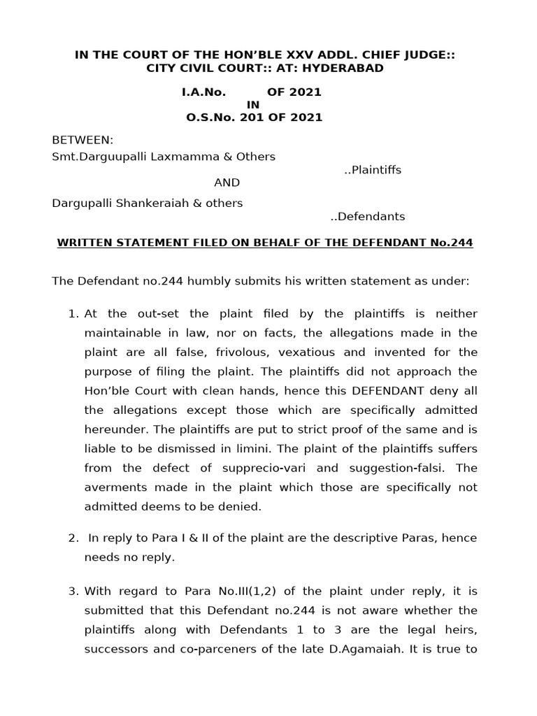 Defendant's Written Statement in O.S.No. 201/2021 | PDF | Lawsuit | Deed