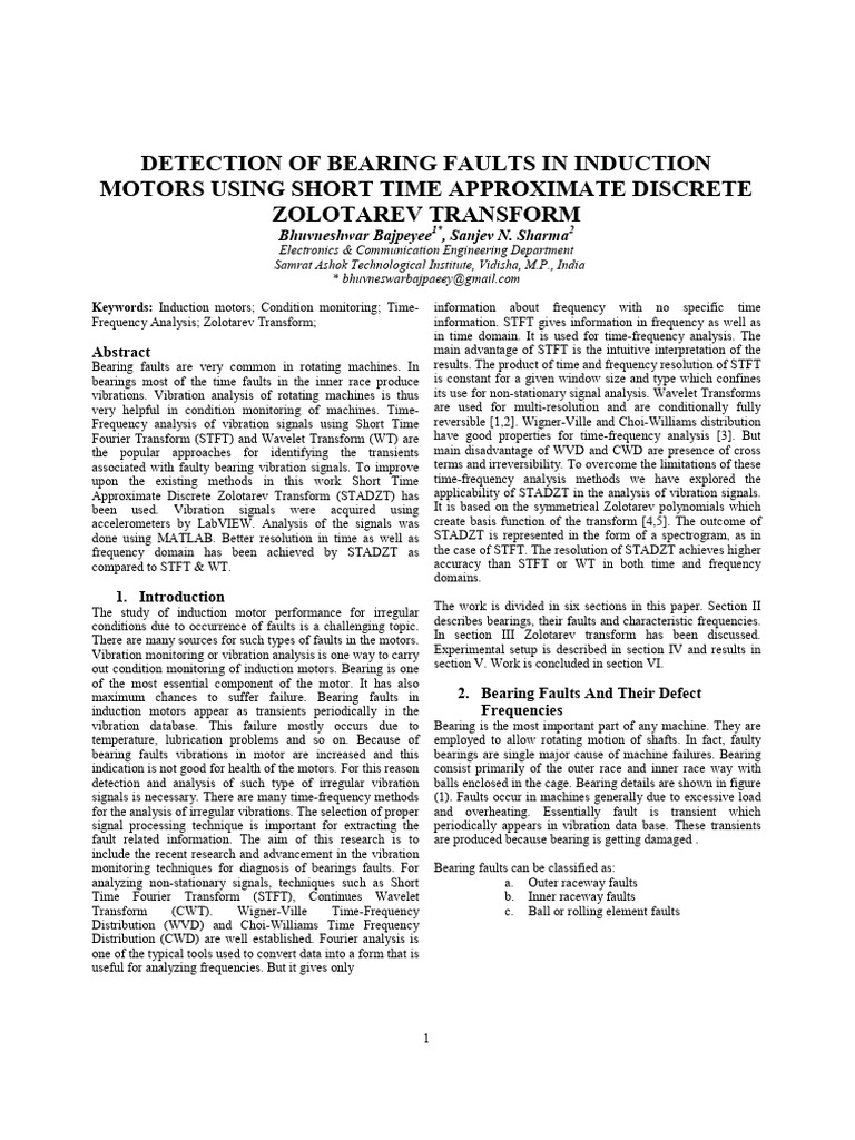 Detection Of Bearing Faults In Induction Motors Using Short Time Ap Pdf Wavelet Data