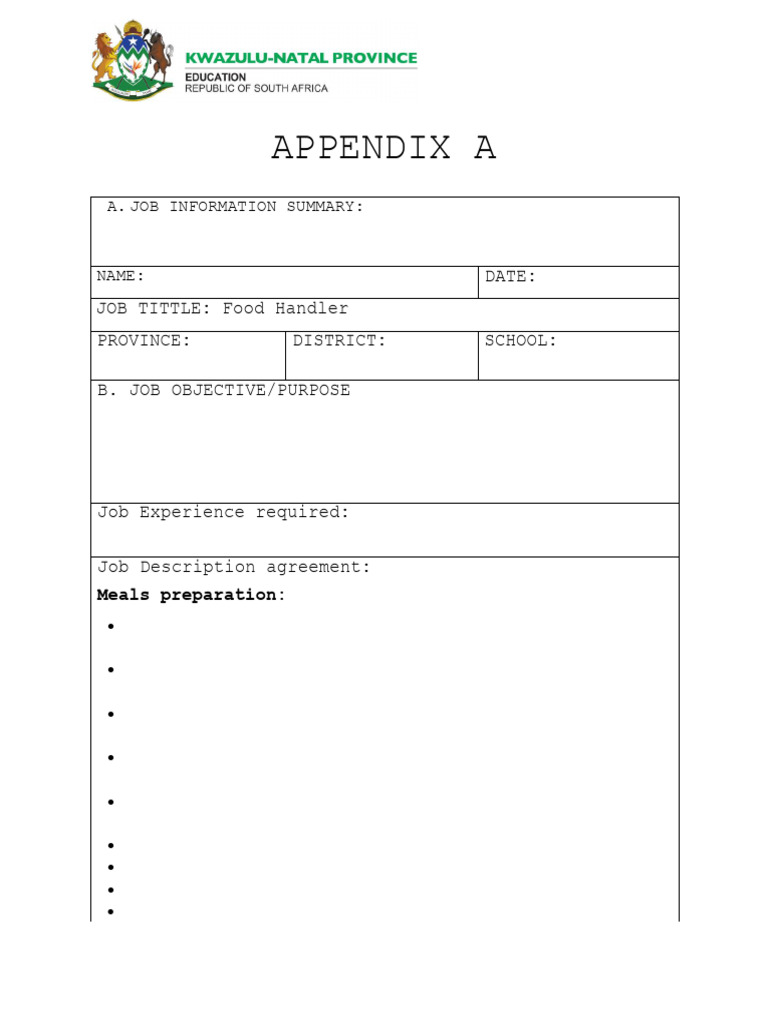 Job Information Summar - Appendice A | PDF | Meal