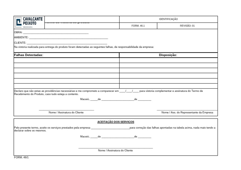 Form. 46.1 Termo de Vistoria Do Produto - REV01 | PDF