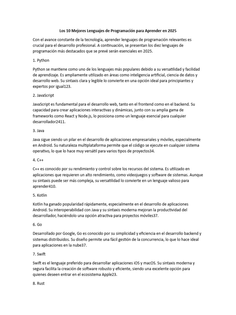 Los 10 Mejores Lenguajes de Programación para Aprender en 2025 | PDF ...