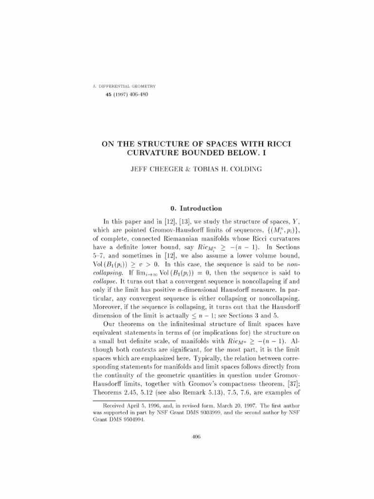 On The Structure of Spaces With Ricci Curvature Bounded Below I | PDF ...