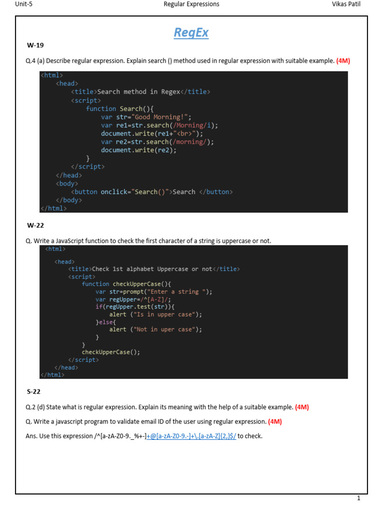 Client Side Scripting Unit-5 RegEx Pyq's | PDF | Regular Expression | Computer Science