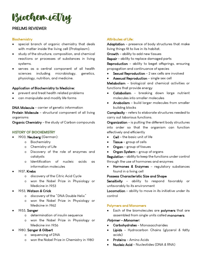 Biochemistry Prelims Reviewer | PDF | Cell (Biology) | Cell Membrane