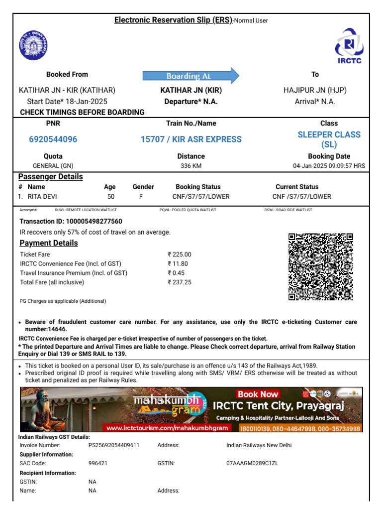 18 jan train ticket | PDF | Identity Document | Payments