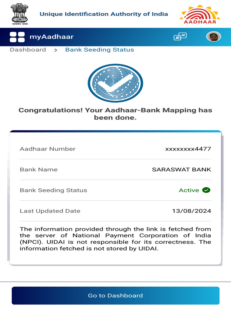 Httpsmyaadhaar - Uidai.gov - Inbank Seeding Status 2 | PDF