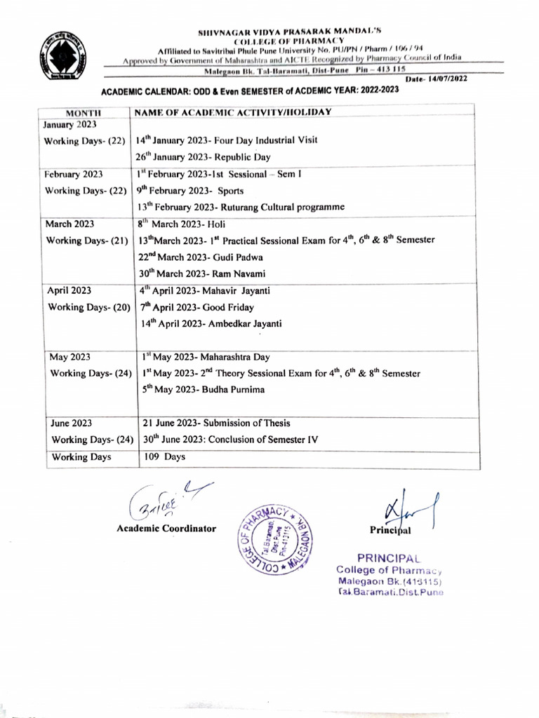 MPharm ACADEMIC CALENDER 2022 23 | PDF | Academia