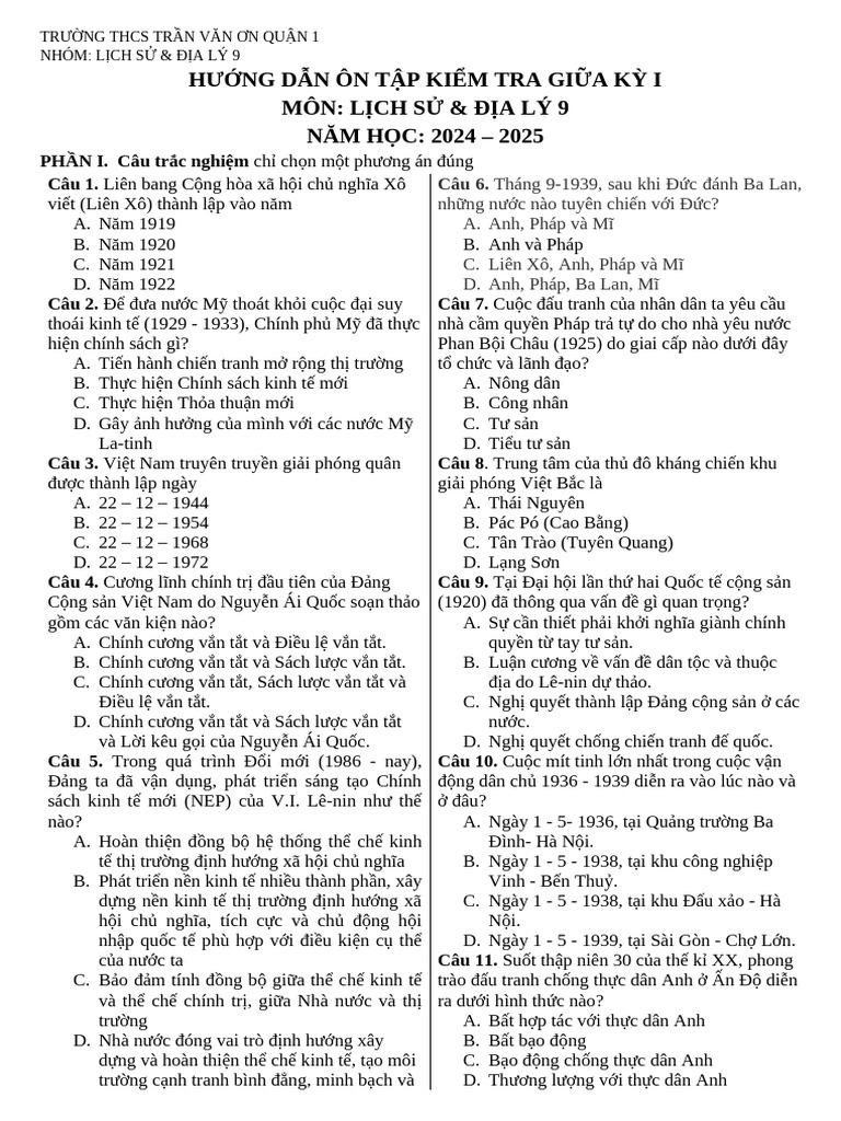 HƯỚNG DẪN ÔN TẬP KTGKI LSDL9 24 25 | PDF