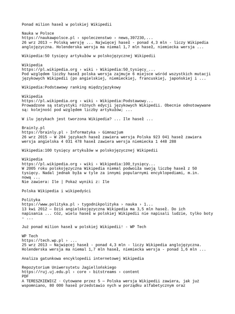 Ponad Milion Haseł W Polskiej Wikip | PDF