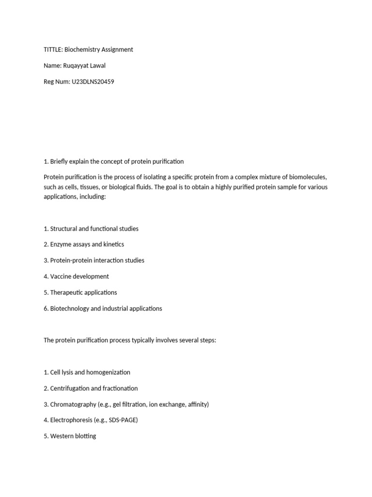 Biochemistry Assignment | PDF | Protein Purification | Denaturation (Biochemistry)