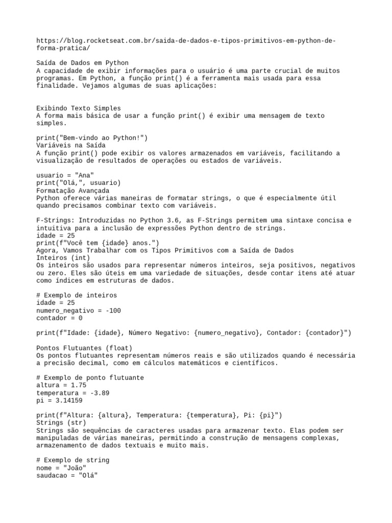 Saída de Dados e Tipos Primitivos em Python | PDF | Python (linguagem ...