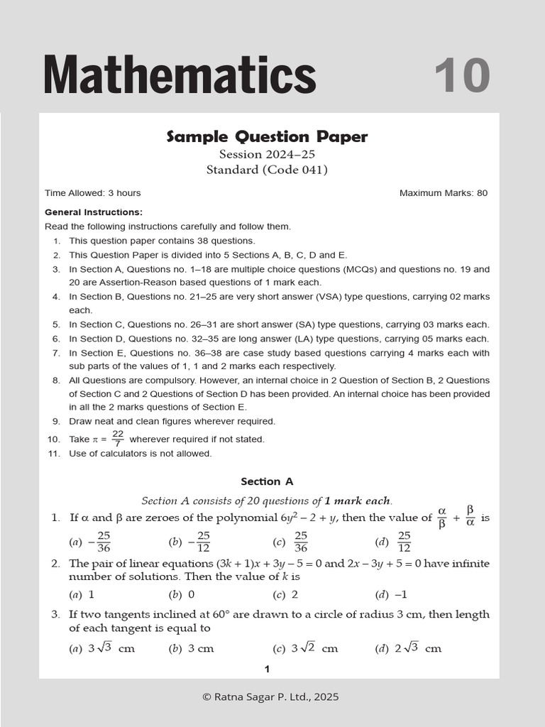 Class 10 Math Sample Paper 2024-25 | PDF | Circle | Sphere