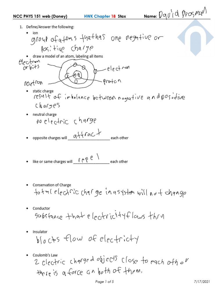 Phys 151 Review Chap 18 Stax | PDF | Electric Charge | Electric Field