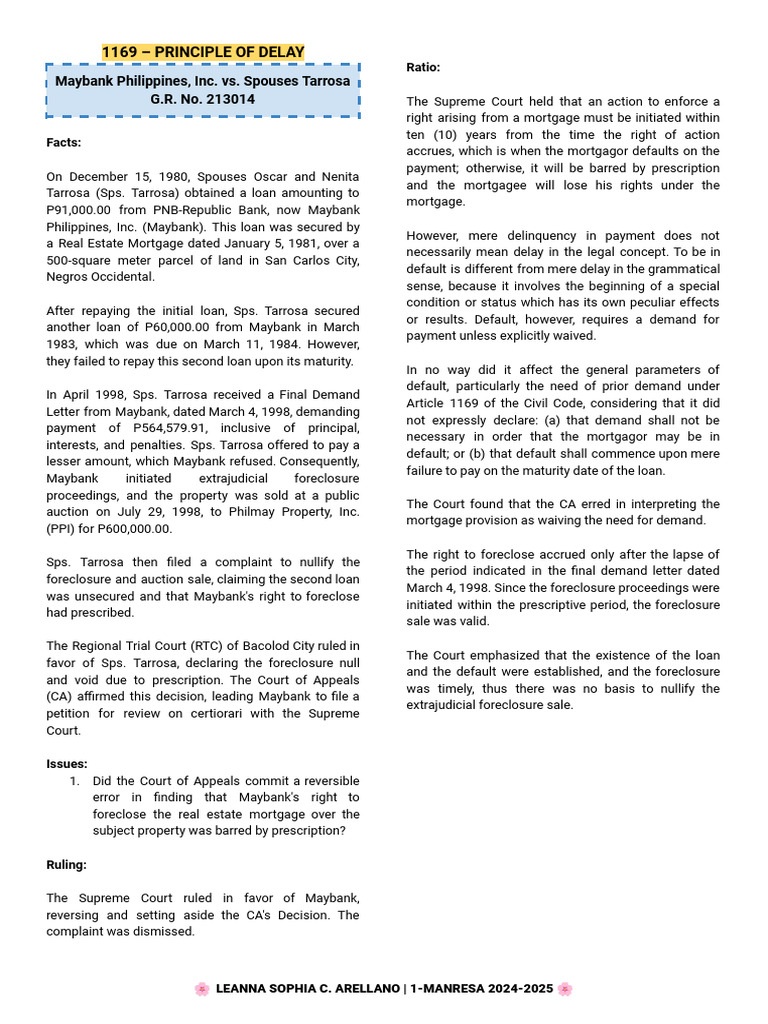 Oblicon - 1169 Case Digest_Maybank v Sps Tarrosa | PDF | Foreclosure ...