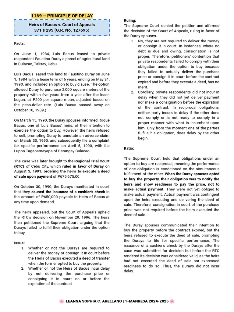 Oblicon - 1169 Case Digest_Heirs of Bacus v CA | PDF | Deed | Justice