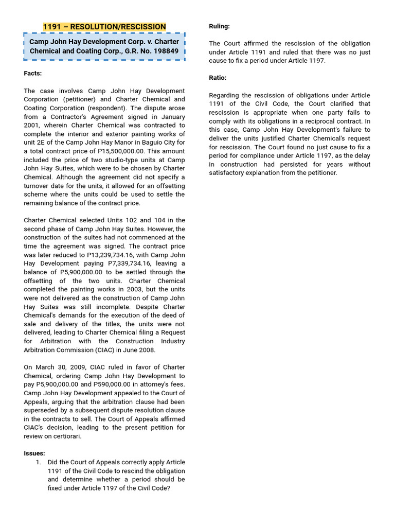 Oblicon - 1191 Case Digest - Camp John Hay V Charter Chemical | PDF ...