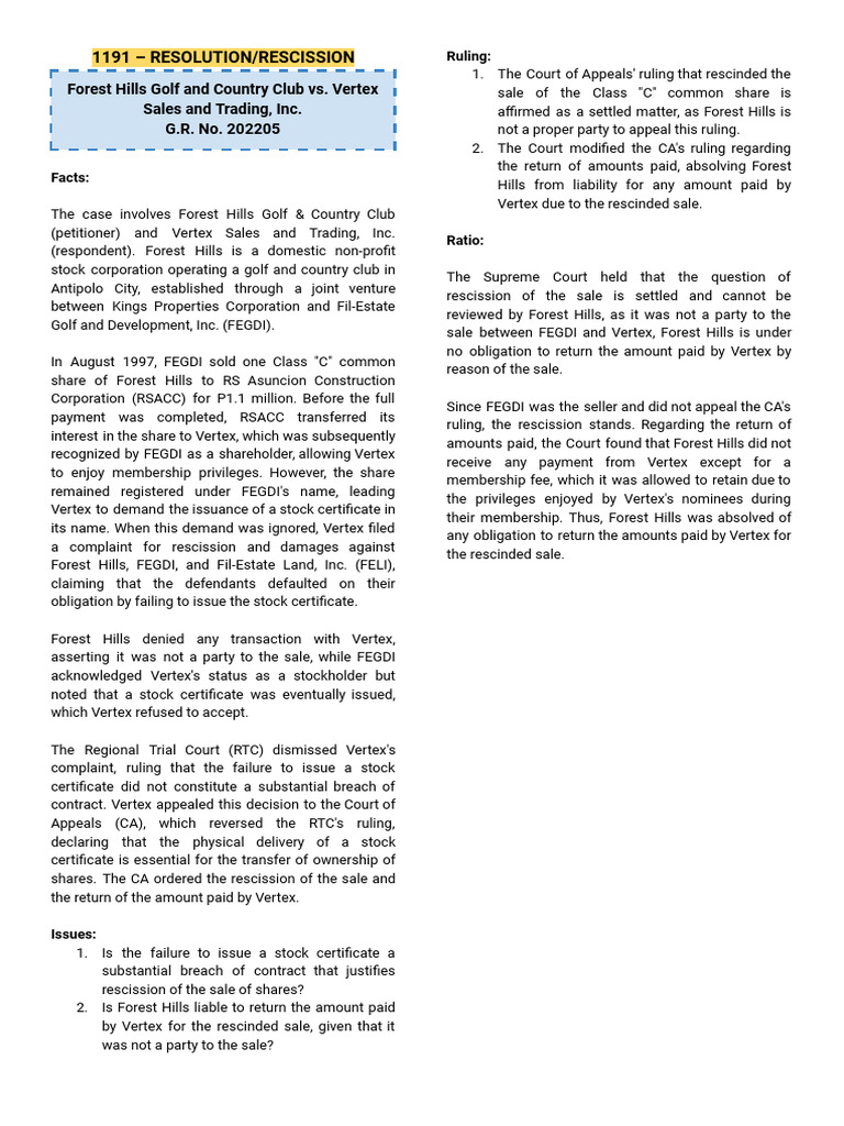 Oblicon - 1191 Case Digest - Forest Hill V Vertex | PDF | Stocks ...