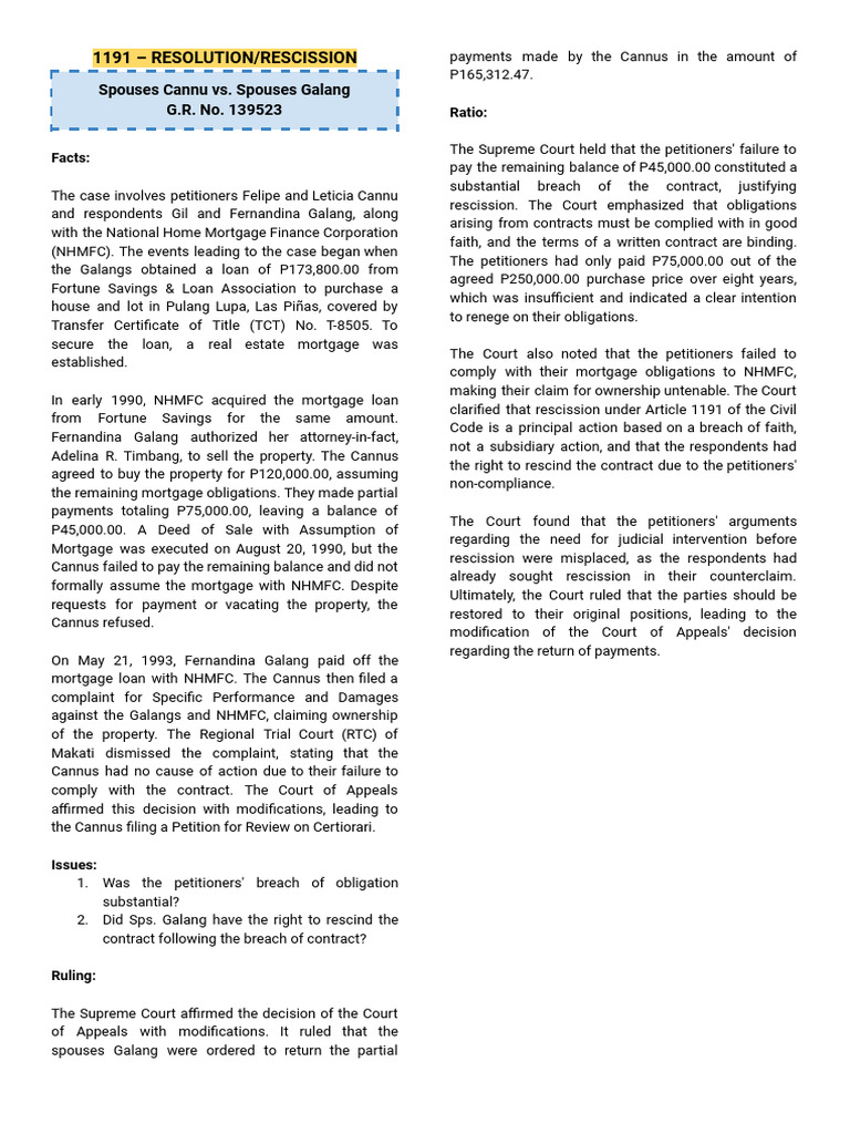 Oblicon - 1191 Case Digest_Sps Cannu v Sps Galang | PDF | Mortgages ...