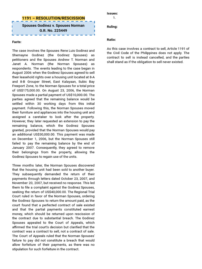 Oblicon - 1191 Case Digest - Sps Godinez V Norman | PDF | Breach Of ...