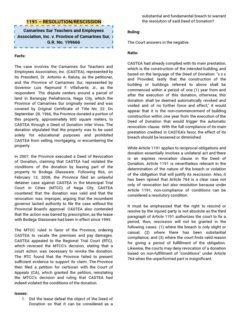Oblicon - 1191 Case Digest - CASTEA V Province of CamSur | PDF | Breach Of Contract | Private Law
