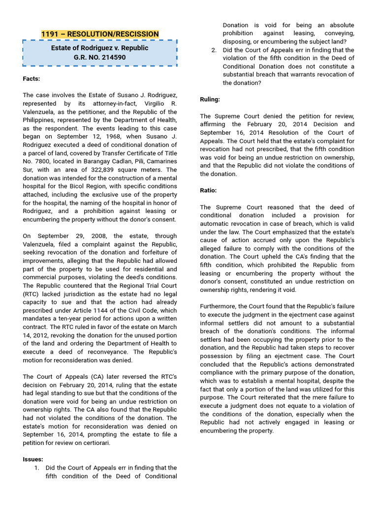 Oblicon - 1191 Case Digest - Estate of Rodrigues V Republic | PDF ...