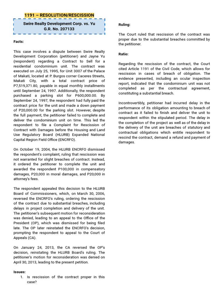 Oblicon - 1191 Case Digest_Swire Realty v Yu | PDF | Breach Of Contract ...