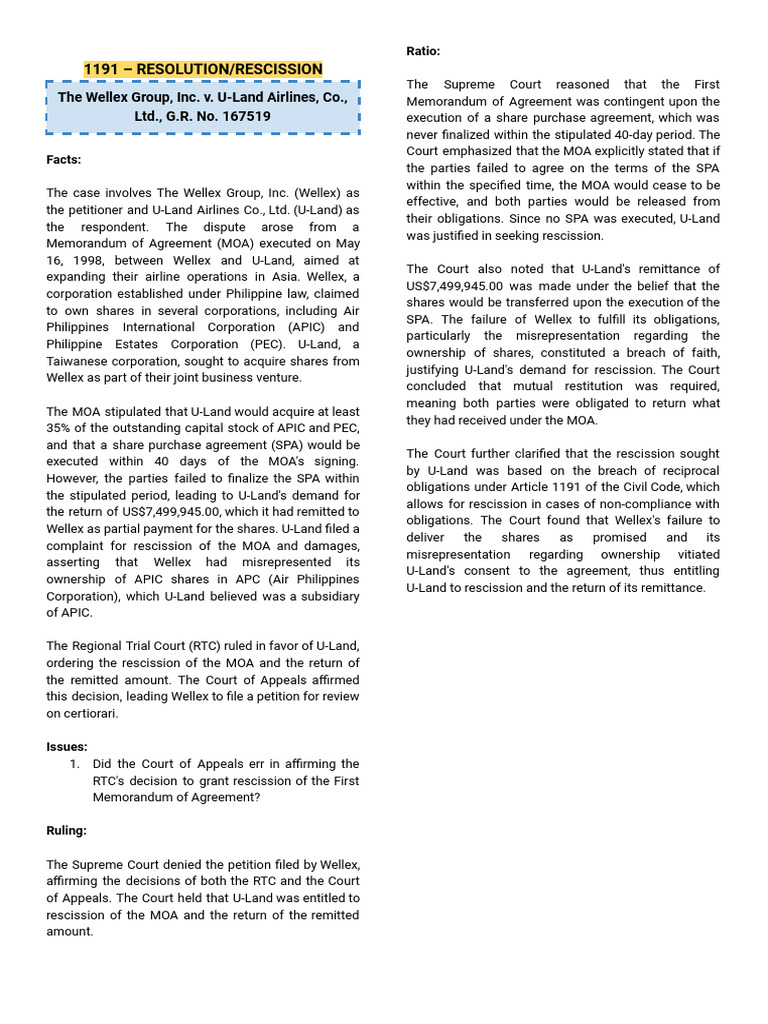 Oblicon - 1191 Case Digest_Wellex v U-Land Airlines | PDF ...