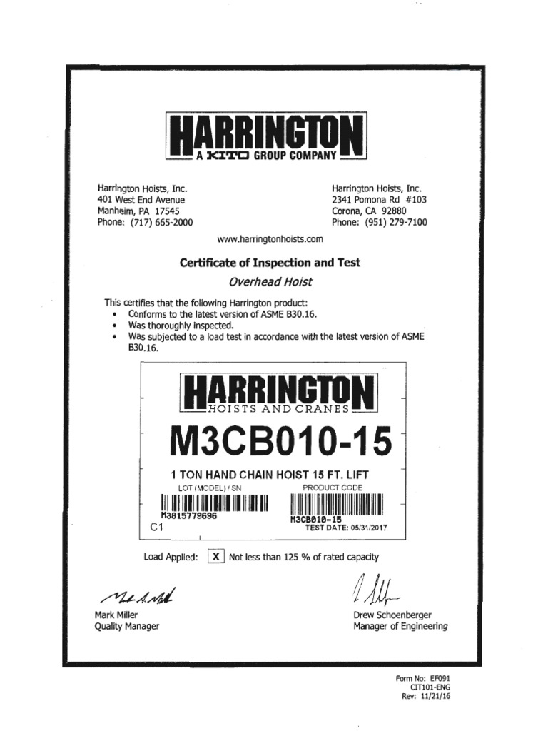 Harrington Hoist User Manual & Warranty | PDF | Crane (Machine) | Nut ...