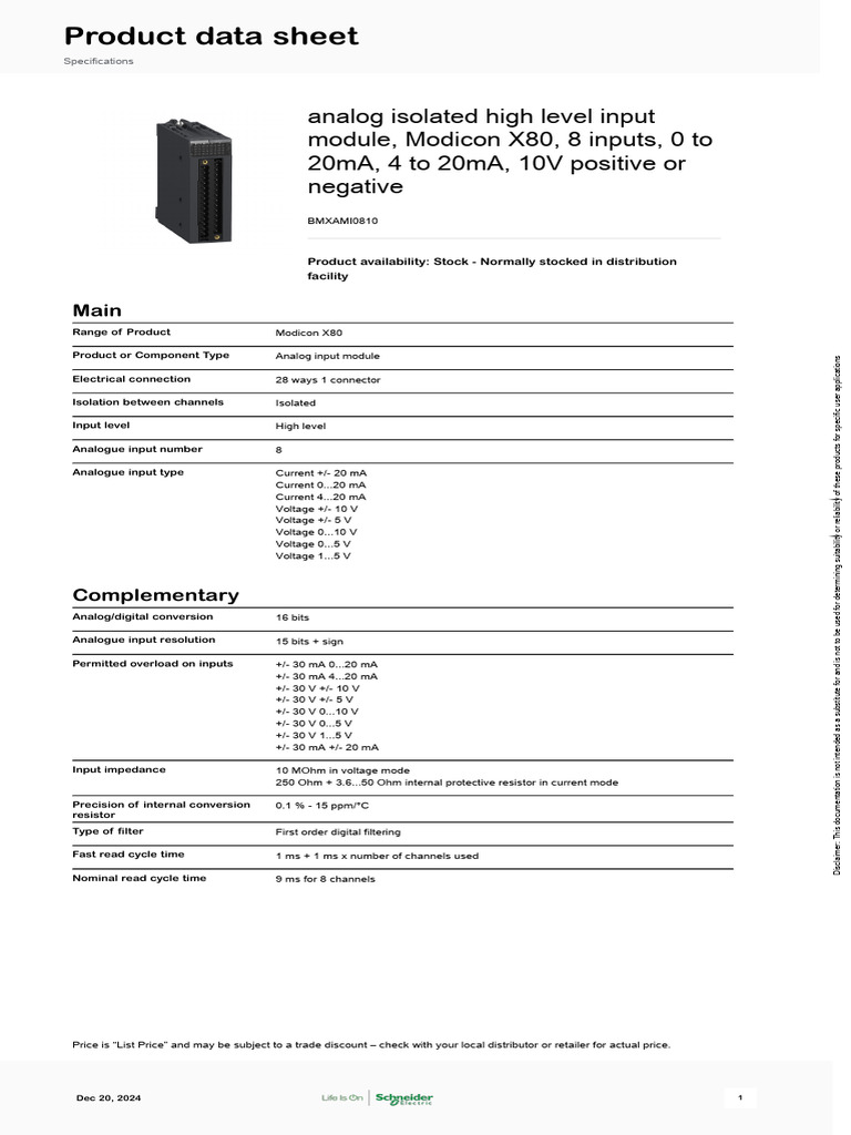Schneider Electric - Modicon-X80-modules - BMXAMI0810 | PDF | Resistor | Voltage
