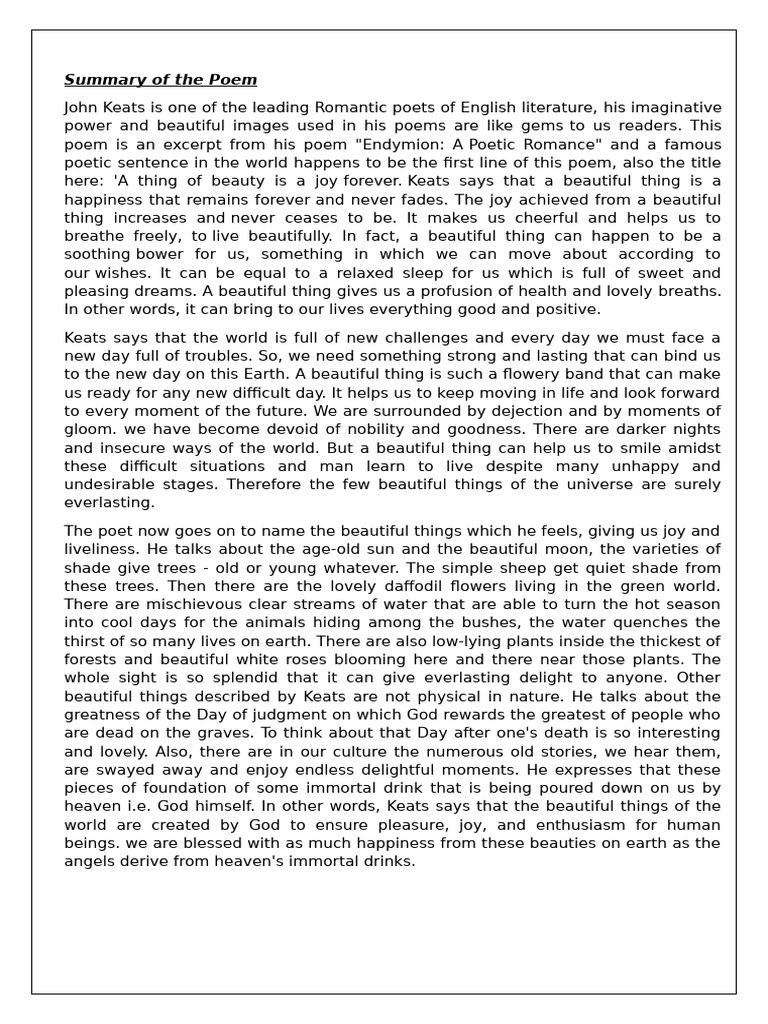 A Thing of Beauty Notes | PDF | John Keats
