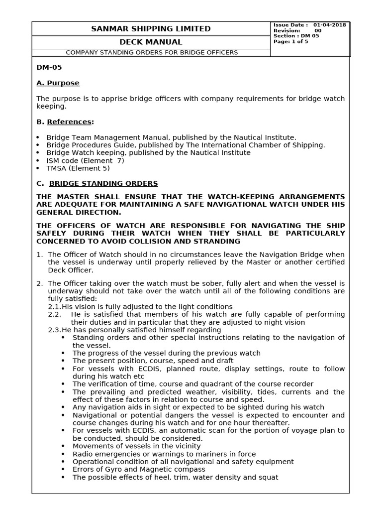 Bridge Officer Standing Orders | PDF | Navigation | Shipping