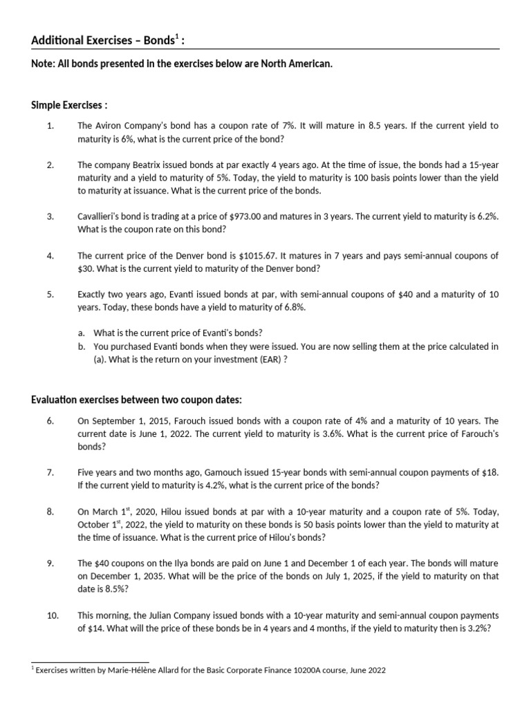 Bond Pricing Exercises and Solutions | PDF | Bonds (Finance) | Yield ...