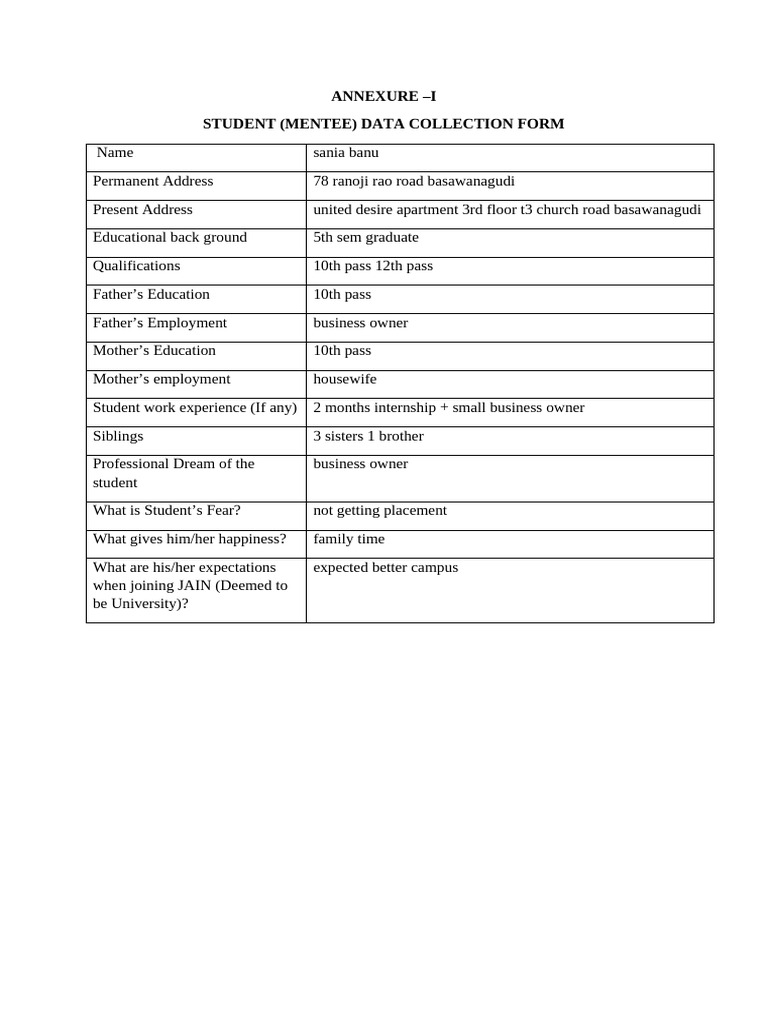 Student Data Collection Form | PDF