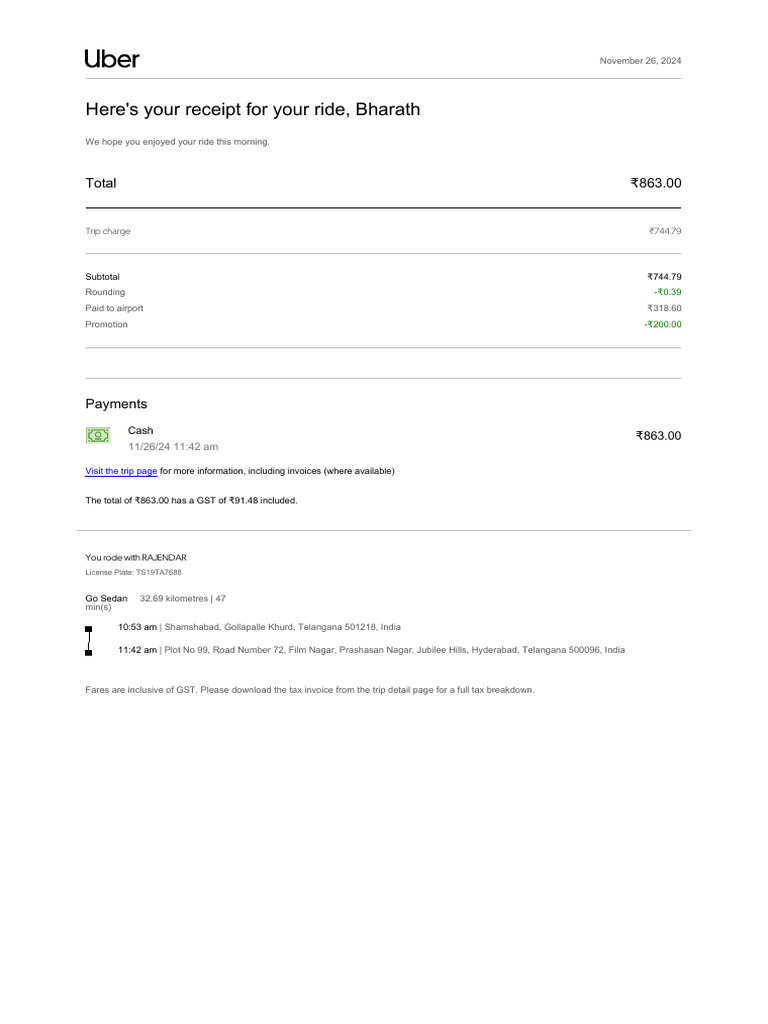Here's Your Receipt For Your Ride, Bharath: Total 863.00 | PDF