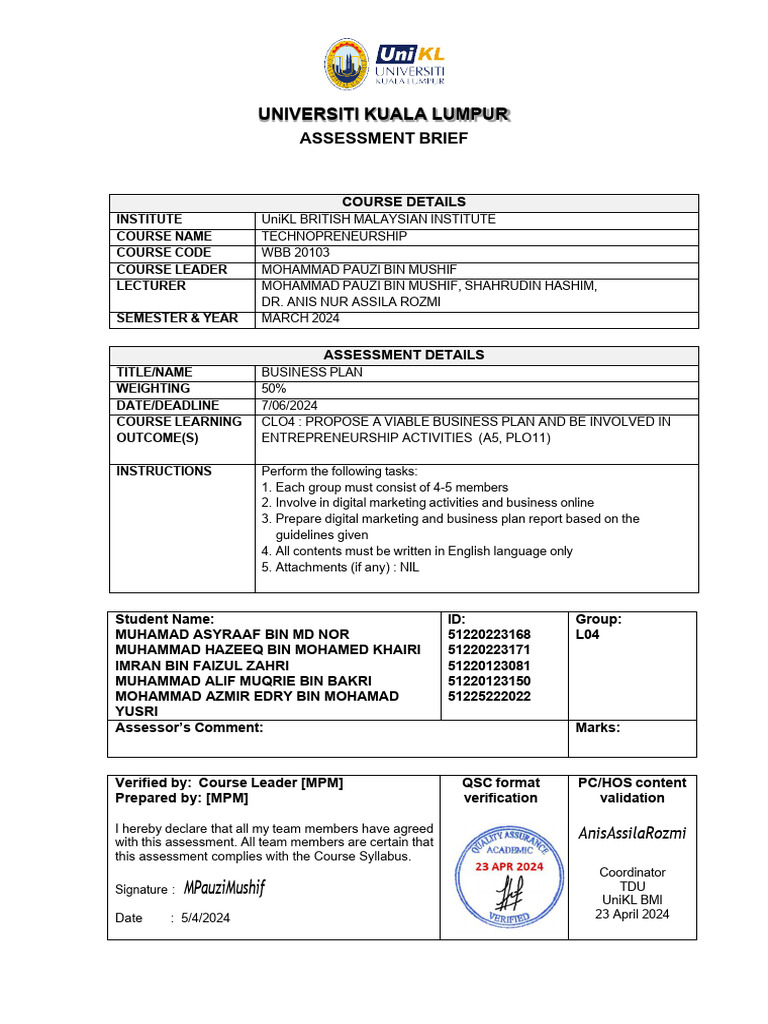 UniKL Technopreneurship Business Plan | PDF | Social Media | Popular ...