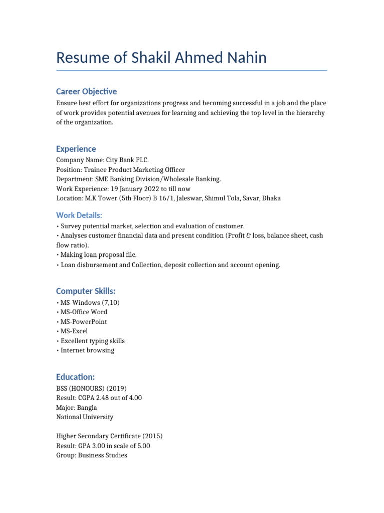 Shakil Ahmed Nahin CV | PDF