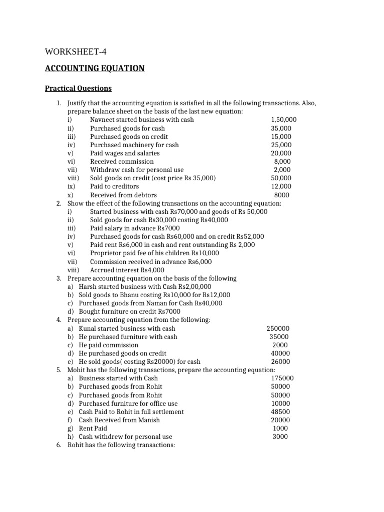 Accounting Equation WORKSHEET | PDF | Balance Sheet | Cash